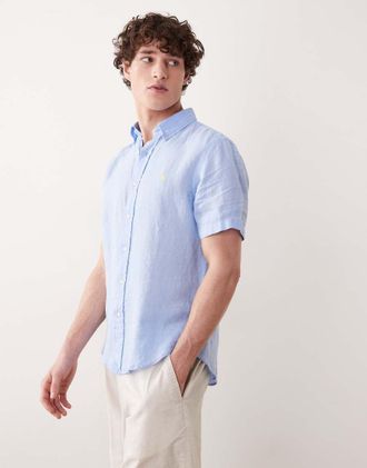 Polo Ralph Lauren Chemise en lin &agrave; manches courtes et logo embl&eacute;matique - Bleu