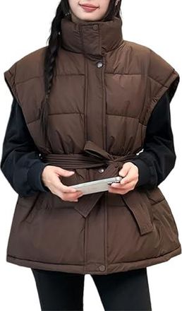 Generic Gilet bouffant sans manches &agrave; col montant et fermeture &eacute;clair avec ceinture et ceinture pour femme, caf&eacute;, M