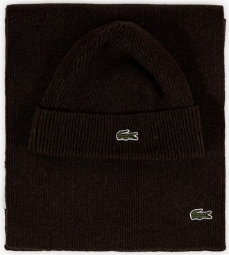 Lacoste Coffret &eacute;charpe et bonnet c&ocirc;tel&eacute;s en laine