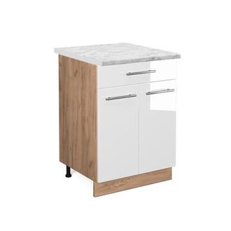 Vicco Meuble Cuisine Fame-Line, Blanc Haute Brillance/Chêne de Force doré, 60 cm avec tiroir, PT Marbre