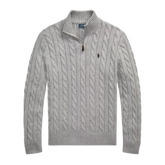 Ralph Lauren Cable-Knit Baumwoll-Jumper mit Viertelrei&szlig;verschluss - - Knitwear - Herren - Grau - L