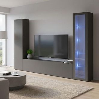 Dmora Ausgestattete Wand Girolamo, 3-t&uuml;riges TV-St&auml;nder-Wohnzimmerset, Mehrzweck-Wohnzimmerm&ouml;bel mit Vitrine und LED-Licht, 100% Made in Italy, 260 x 30 x 1