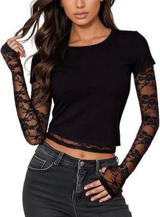 Generic Y2k Top Femme &agrave; Manches Longues, Haut Dentelle Femme Col Rond-Tee Shirt Ete Chic Et &eacute;l&eacute;gant &eacute;pissage Tunique Moulant Slim Fit Grande Taille Skinny Pul