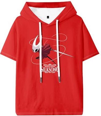 Generic Hollow Knight Silksong Merch T-shirt &agrave; capuche unisexe tendance &agrave; manches courtes T-shirt d&eacute;contract&eacute; Streetwear Tops, Rouge, M