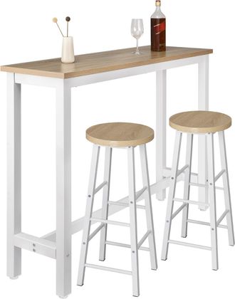 Woltu Bartisch Set mit 2 Barhockern, 3-teilige Essgruppe mit Küchenstühlen, Esstisch & 2 Hockern aus Metall & Holz für Küchen Wohnzimmer, Hell Eiche
