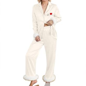 Generic Ensemble de pyjama d&eacute;contract&eacute; et confortable pour la Saint-Valentin 2026 pour femmes, chemise &agrave; manches longues, pantalon, deux ensembles, beige, XXL