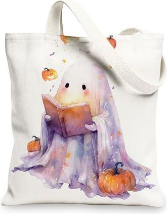 Generic Sacs fourre-tout en toile motif fantôme mignon, motif citrouille fantaisie, sacs dépicerie réutilisables, légers et lavables, sacs en toile pour le sh