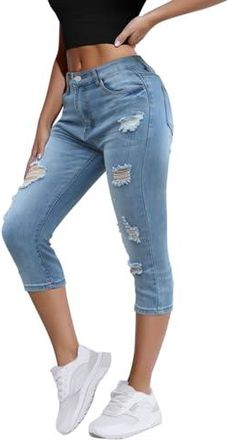Onsoyours Pantacourt Femme Été Jean Capri Confort Stretch 3/4 Pantalon Taille Haute Décontracté Jeggings en Denim Pants Capri Pantacourt E Bleu Clair XL