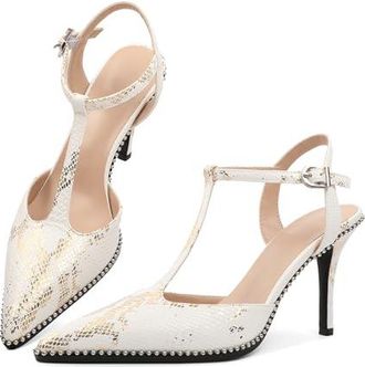 EDEFS Escarpins Femme Bout Pointu à Perles en Cuir Verni T-Strap Slingback Talon Aiguille 9 cm pour Mariage Gala Soirée & Casual Or Blanc EU44