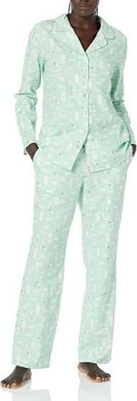 Amazon Essentials Ensemble pyjama en flanelle à manches longues et pantalon boutonné sur le devant pour femmes, animaux de la forêt vert menthe, taille XXS