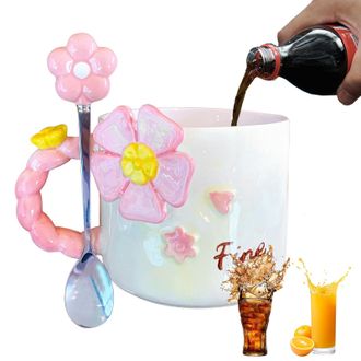 Generic Kaffeetasse mit Blumenmuster - 500 ml gro&szlig;e 3D- -Keramiktasse mit L&ouml;ffel | &Auml;sthetische Drinkware f&uuml;r Zuhause, Kaffee und Garten | niedlicher Bauernker