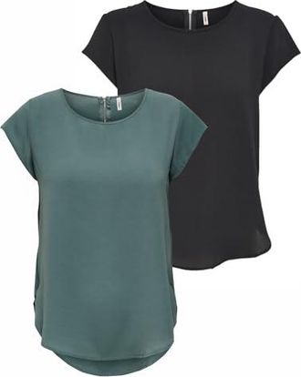 Only T-Shirt Onlvic SS AOP Noos Ptm pour Femme, Chemisier, t-Shirt pour Femme, Haut Chic pour Femme, Lot de 2 (1 x baume Vert/1 x Noir), 46