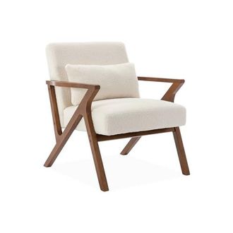 Sweeek Fauteuil scandinave Bois dhévéa Finition teinté Noyer Clair et Bouclette Blanche Antoine