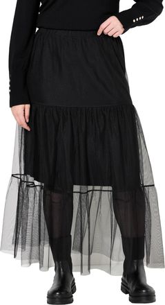 Ulla Popken Damen Tüll-Maxirock, A-Linie, Volants, Elastikbund Rock, Schwarz, 50-52 EU