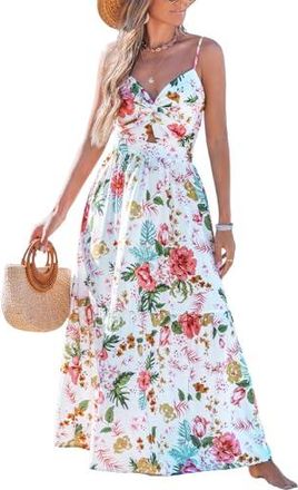 Cupshe Robe longue dété décontractée pour femme, imprimé floral, col en V torsadé, sans manches, blanc floral, Taille XL