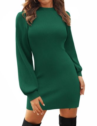 Zeagoo Damen Kleider Langarm Strick Tunika Kleid Rollkragen Eng Stretch bequem Winterkleid Jumper Kleid Dunkelgrün XXL