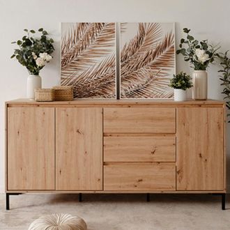 Finori Buffet 3 portes 3 tiroirs L170 cm - &Eacute;tag&egrave;res int&eacute;rieures - Panneaux MDF m&eacute;lamin&eacute;s - Pieds m&eacute;tal noir - D&eacute;cor ch&ecirc;ne artisan