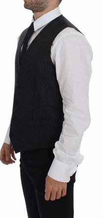 Dolce & Gabbana Mens Gray Striped Wool Logo Vest Gilet Vests Clothing