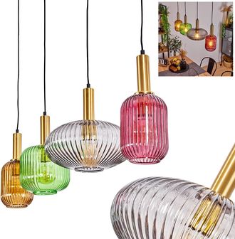 HOFSTEIN Pendelleuchte Goldenville, Vintage Hängeleuchte, Metall in Messing/Schwarz, Pendellampe mit Schirmen aus Rauchglas in Rauchfarben/Grün/Braun/Rot, Höhe