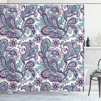 Abakuhaus Motif Cachemire Rideau de Douche, Bohemic Pays Floral, Tissu Ensemble de D&eacute;cor de Salle de Bain avec Crochets, 175 x 200 cm, Blanc Violet Bleu