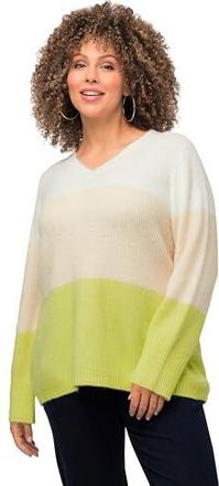 Ulla Popken Femme Grandes Tailles Pull à Larges Rayures, Encolure en V et Manches Longues Vert Citron 54+ 823750403-54+