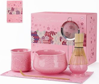 Zens Matcha Set Rosa, Matcha Tee Set mit Matcha Besen, Keramik Matcha Schale und Matcha-Tasse, Besenhalte und Matcha-Pulversieb & Teetuch, 7 St&uuml;ck f&uuml;r Matc