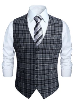 Hisdern Anzugweste f&uuml;r Herren Formale Weste Hochzeits Party Westen Plaid Klassisch Business Anzugwesten Schwarz XL