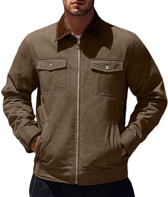 Generic Veste pour homme avec poches poitrine - Veste cargo avec fermeture &eacute;clair - En coton - Couleur unie - Avec col rabattu - Confortable - Coupe-vent - Ve