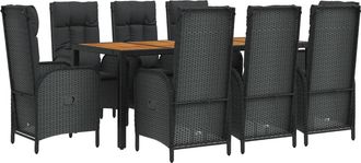 vidaXL Set Da Pranzo Da Giardino 9 Pz Con Cuscini Nero In Polyrattan - Vidaxl