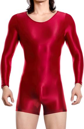 Feoya Herren Leotard Bodysuit Wetlook Jumpsuit &Ouml;l Gl&auml;nzend Playsuit Einteiler Body Transparent Dessous Nachtclub Rot XL