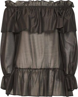 Blanca Vita Femme, Blouses et Chemises, Brun, Taille: 40 FR Blouse &agrave; Volants &Eacute;paules D&eacute;nud&eacute;es