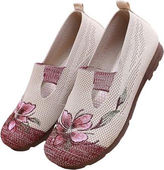 Generic Mary Jane Chaussures basses pour femme Style chinois Chaussures plates Broderie florale Chaussures &agrave; bout rond Tricot Robe Chaussures basses &agrave; enfiler