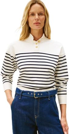 Tommy Hilfiger Damen CO Jersey Gold BTN Mock-NK SWT WW0WW47467 Pullover Sweater, Blau, S, Blau (Placed Thin Navy STP Sweaters), S