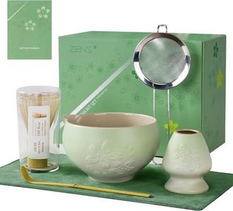 Zens Matcha Kit 6 pi&egrave;ces, Ensemble de fouets &agrave; matcha pour pr&eacute;parer un latte, Fouet en bambo avec Sakura bol, cuill&egrave;re, tamis 304 et tapis &agrave; th&eacute; pour Match