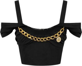 Elisabetta Franchi Femme, Tops, Noir, Taille: 42 FR Top en Coton &Eacute;lastique avec Col To04861E2-110