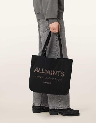 AllSaints Underground - Shopper-Tragetasche in Schwarz mit Logo mit Leopardenmuster