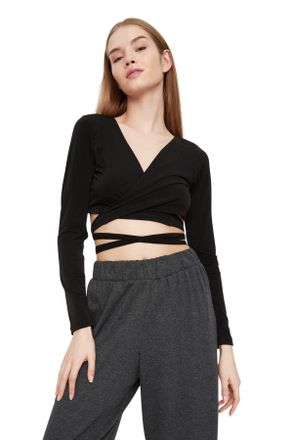 Trendyol Trendyol Damen Trendyol Linking detaillierte Kratzer gestrickte Bluse Blouse, Black, L