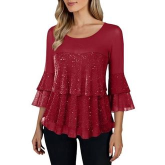 Generico Chemise &eacute;l&eacute;gante pour femme avec paillettes brillantes - Col rond avec fermeture &eacute;clair - Haut pour femme - Pour f&ecirc;te, printemps, vacances, f&ecirc;te, d&eacute;co