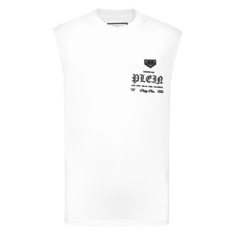 Philipp Plein Homme, Tops, Blanc, Taille: XL T-Shirt Sans Manches Col Rond