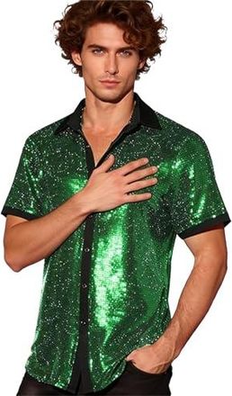 Generic Chemise pour homme &agrave; manches courtes et paillettes brillantes, col &agrave; revers, chemise boutonn&eacute;e, coupe d&eacute;contract&eacute;e, chemise brillante, sans plis, resp