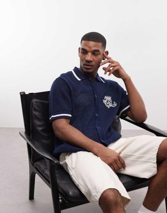 True Religion Chemise en maille au crochet &agrave; logo - Bleu nuit