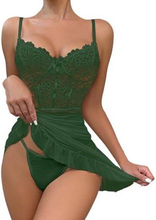 Generic Chemise de nuit 2026 pour femme, lingerie florale en maille fendue, robe longue plissée à col en V, Vert, XL