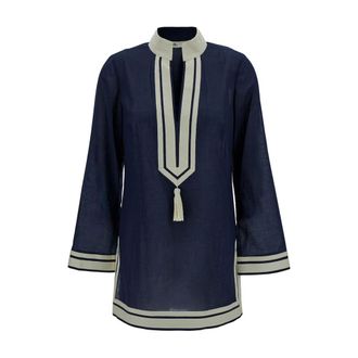 Tory Burch Femme, Blouses et Chemises, Bleu, Taille: 38 FR Tunique Bleue avec D&eacute;tails Contrastants