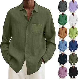 Generic Chemise d&eacute;contract&eacute;e en coton et lin pour homme - Chemise l&eacute;g&egrave;re en coton et lin - Manches longues - Col &agrave; revers - T-shirt solide respirant - Coupe r