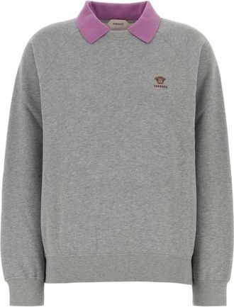 Versace Femme, Sweatshirts et sweats &agrave; capuche, Gris, Taille: 42 FR Polo Collar Embroidered SweaT-shirt