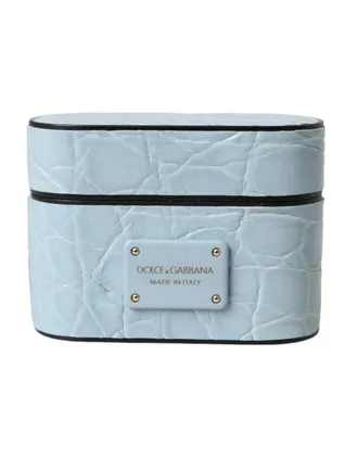 Dolce & Gabbana Womens Light Blue Leather Metal Logo Plaque Airpods Case Caiman Accessory