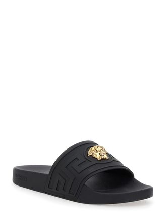 Versace Mens Sandals Medusa Plate, Black Tech Fabric Polyurethane