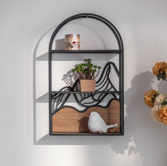 Wall-Art Holz Wandregal Metall Hängeregal Natur Holzoptik Vintage Metallregal für Wohnzimmer (Gebirge und Wellen)