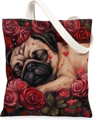 Generic Sac fourre-tout en toile motif carlin pour le shopping, 33 x 38 cm, sac d&eacute;picerie r&eacute;utilisable pour la Saint-Valentin, motif roses romantiques, sac d&eacute;