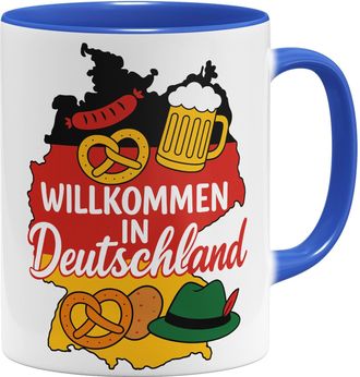 OM3 Einbürgerung Geschenk Kaffee-Tasse Herzlich Willkommen in Deutschland - Einwanderung - Keramik Becher - 325ml - Beidseitig Bedruckt - Blau